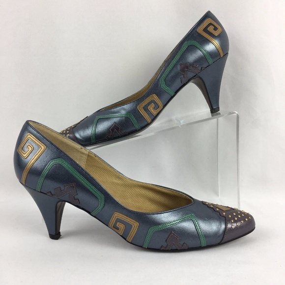 Selby | Shoes | Selby Comfort Flex Blue Leather Geometric Studded Pumps ...
